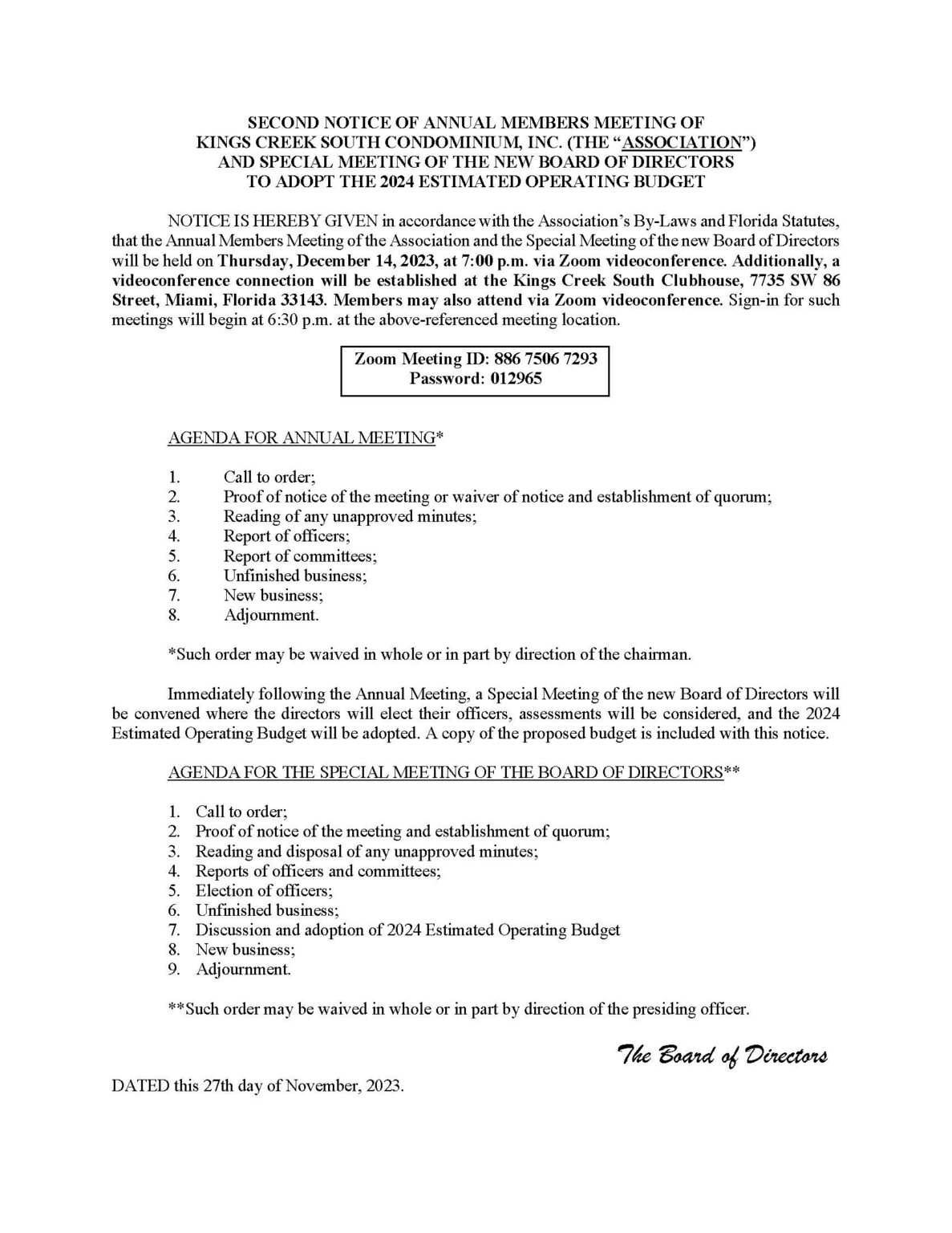 Kings Creek South CondominiumSecond-Notice - Kings Creek South Condominium